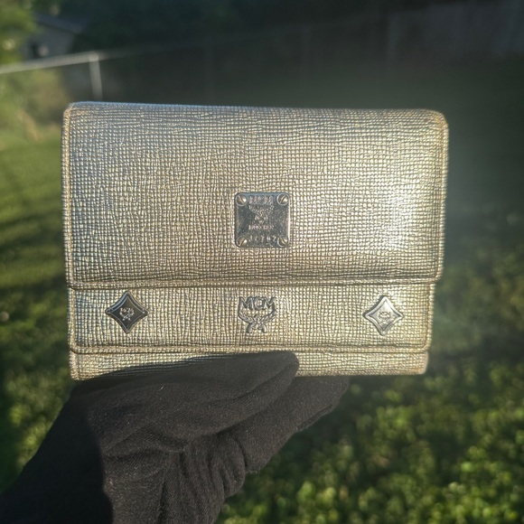 MCM | Bags | Mcm Metallic Gold Compact Wallet With Silver Hardware And ...